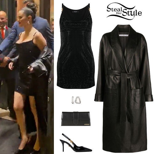 Selena Gomez Crystal Mini Dress Leather Coat Steal Her Style