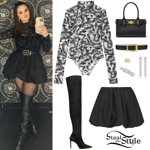 Selena Gomez: Dragon Tulle Bodysuit, Black Skirt | Steal Her Style