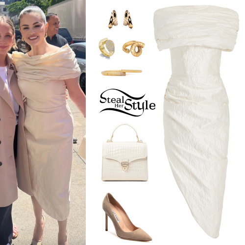 » Selena Gomez: White Midi Dress, Suede Pumps